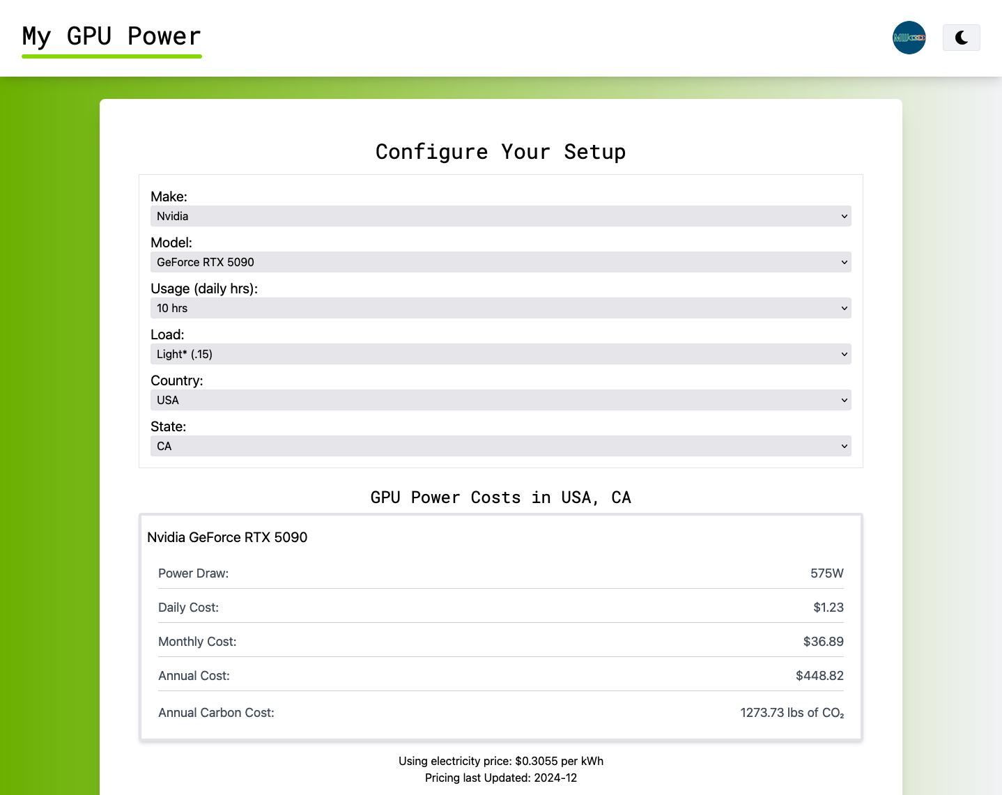 My GPU Power | Calculate GPU Energy Cost & Carbon Footprint